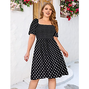 LETDIOSTO Womens Plus Size Dresses Black Polka Dot Knee Length Smocked 4XL Summer Cocktail Wedding Dress