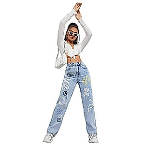 Floerns Women's Pattern Printed High Waist Wide Leg Straight Denim Jeans Pants Blue M