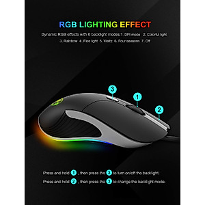 KKUYI RGB Gaming Mouse Wired, USB Computer Gaming Mice with Chroma RGB Lighting/6 DPI Levels/6 Buttons, RGB Gamer Desktop Laptop PC Gaming Mouse with 6ft Cable for Windows Xbox PS4 (Black-01)