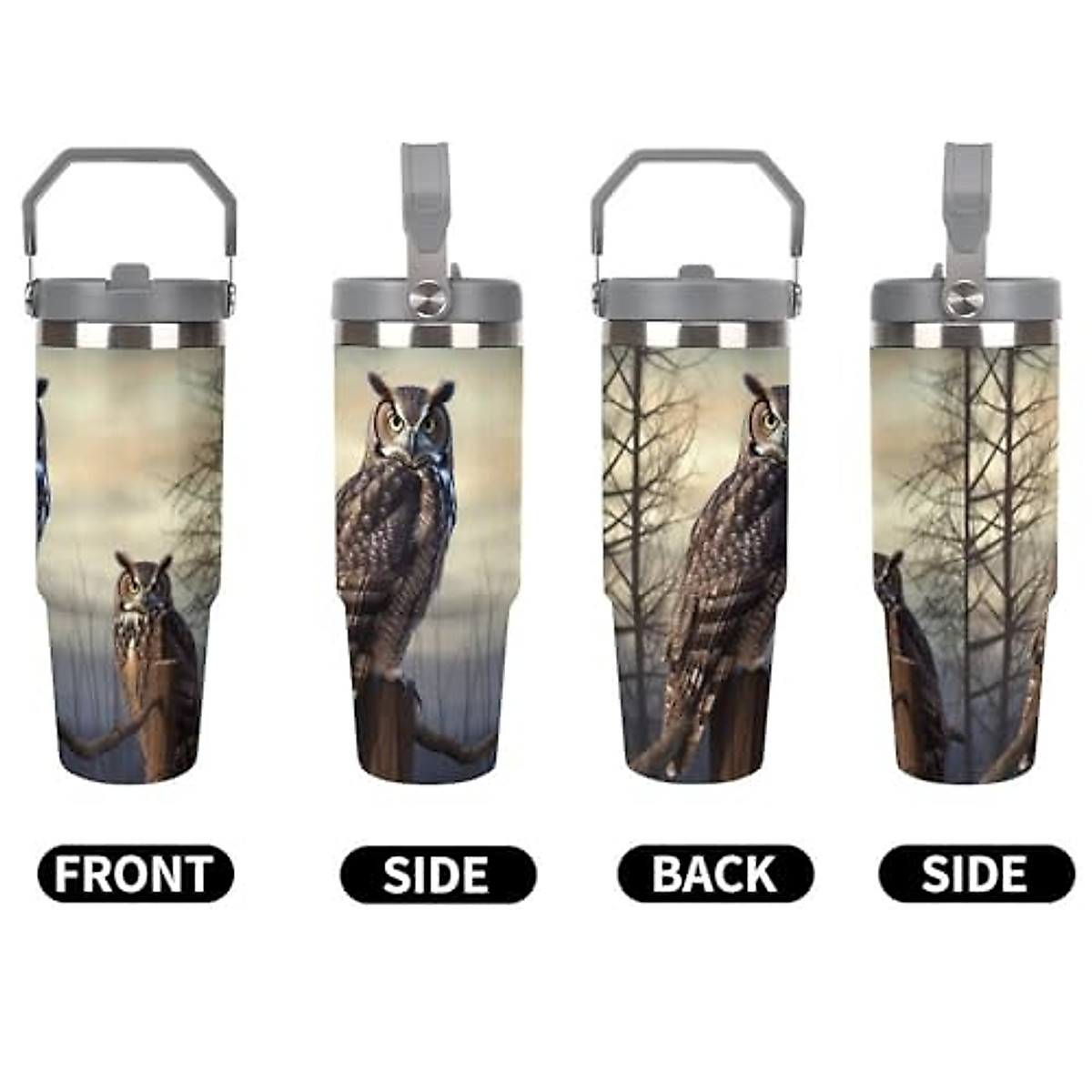 BWQJKUO Large Capacity Car Cup 30 Oz Stainless Steel Owl Sitting Tree Fence Printed Travel Mug Leak-proof Flip Straw Tumbler with Handle,keeps Cold Or Ho