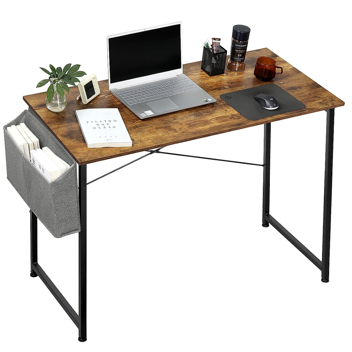 Simple Deluxe Computer Office Desk Modern Simple Style PC Table with Storage Bag, for Home Work Study and Writing, 47 Inch, Brown