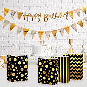 12 Pcs Gold Black Party Bags Metallic Gold Black Gift Bags with Handle Black and Gold Treat Bags for Gold Black Party Birthday Party Wedding Celebrations
