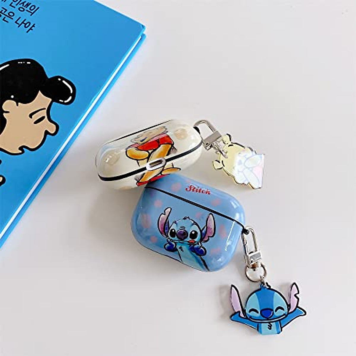 Soft TPU Blue Stitch Case with Charm and Keychain for Apple AirPods Pro AirPodsPro 2019 Model Funny Face Cute Lovely Adorable Kawaii Girls Kids Women