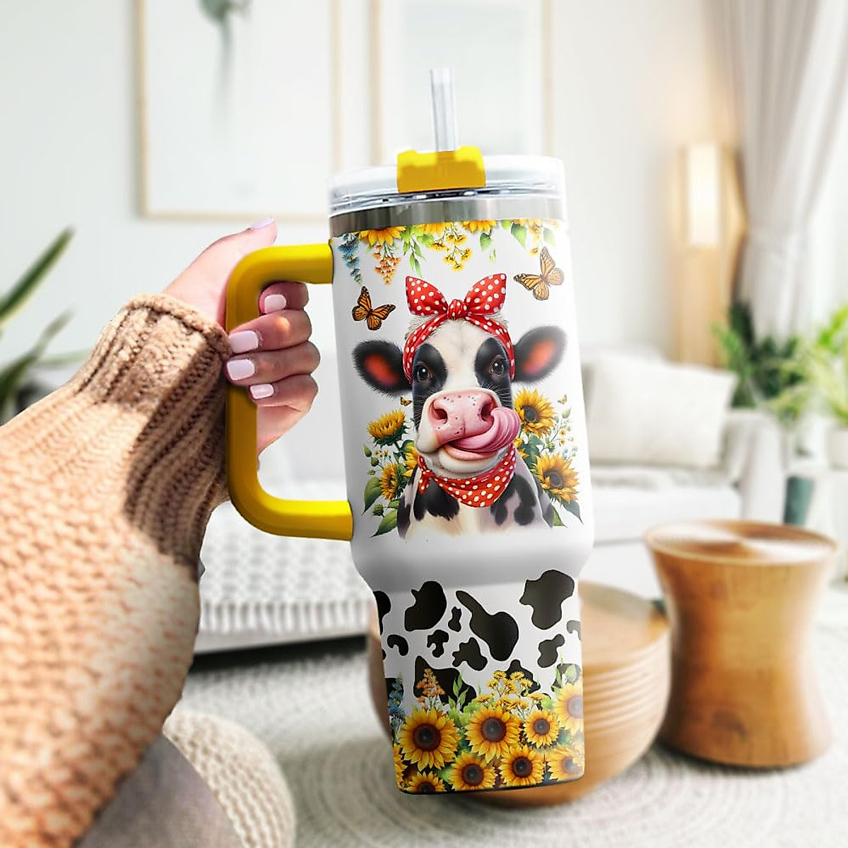 99OWL Cow Gifts, Tumbler 40 Oz With Handle Lid And Straw, Freaking Cow Sunflower, Funny Handle Cows Women Modern Adults Steel Print Coffee Tumblers Swig Simple Glitter Yellow Cups