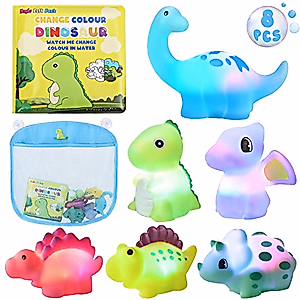 Light Up Bath Toys for Toddlers Kids Baby Boys, No Hole Dinosaur Bath Toys with Bath Book & Organizer, Led Light Bath Time Water Toys for Bath Tubs Bathrooms Pool, Gift for Toddlers Boys Infants