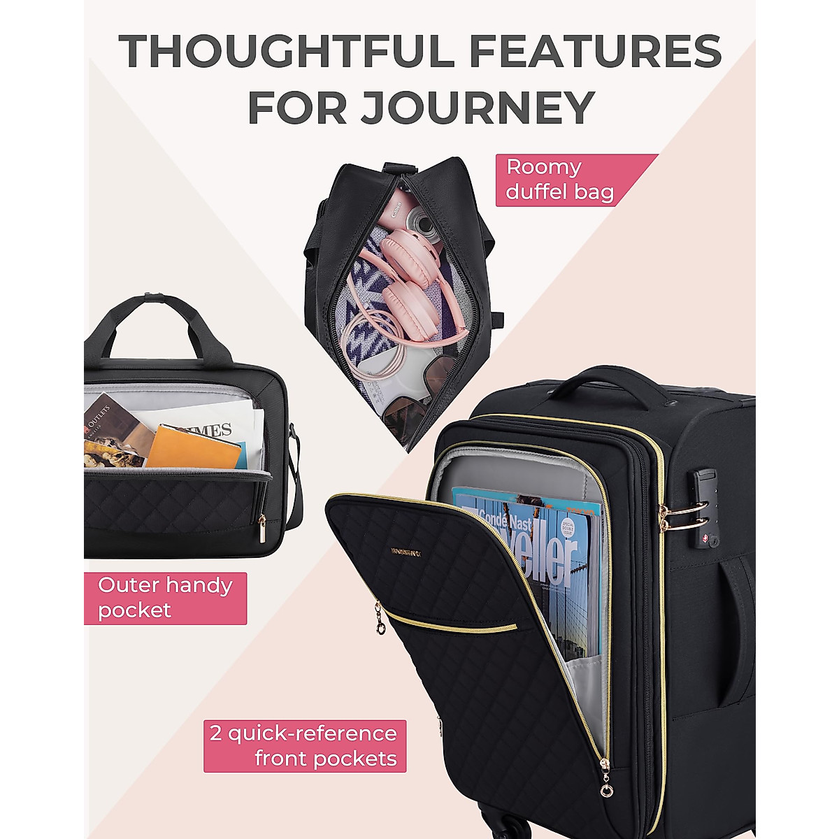 BAGSMART Carry On Luggage 20 Inch, Expandable Suitcase, Luggage with Duffel Luggage Airline Approved Rolling Softside Suitcases Women Men, Carry-On Black Square Quilted