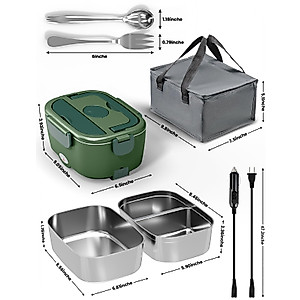 Electric Lunch Box for Adults, 80 W Fast Heating Portable Food Warmers for Car Truck Travel with 2 Stainless Steel Containers 1.5 Liters Heated Lunch Box Self Heating Food Heater for Work lonchera