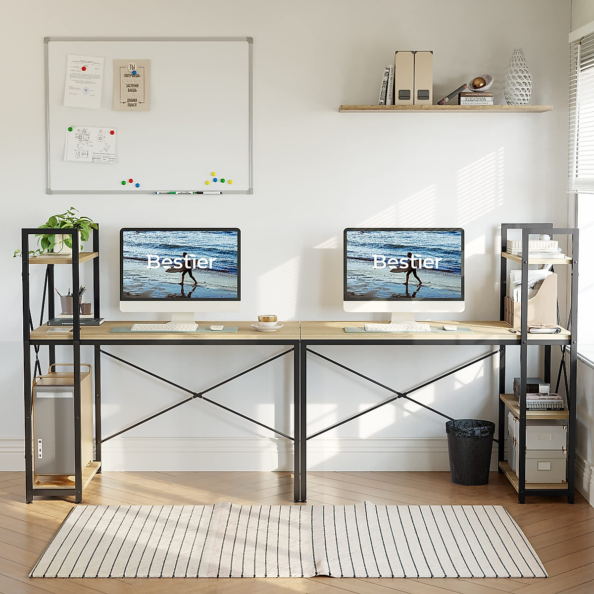 Bestier 47 Inch Computer Desk with Adjustable Shelves, Simple Writing Desk with Reversible Bookshelf and Metal Legs for Home Office and Studio, Oak