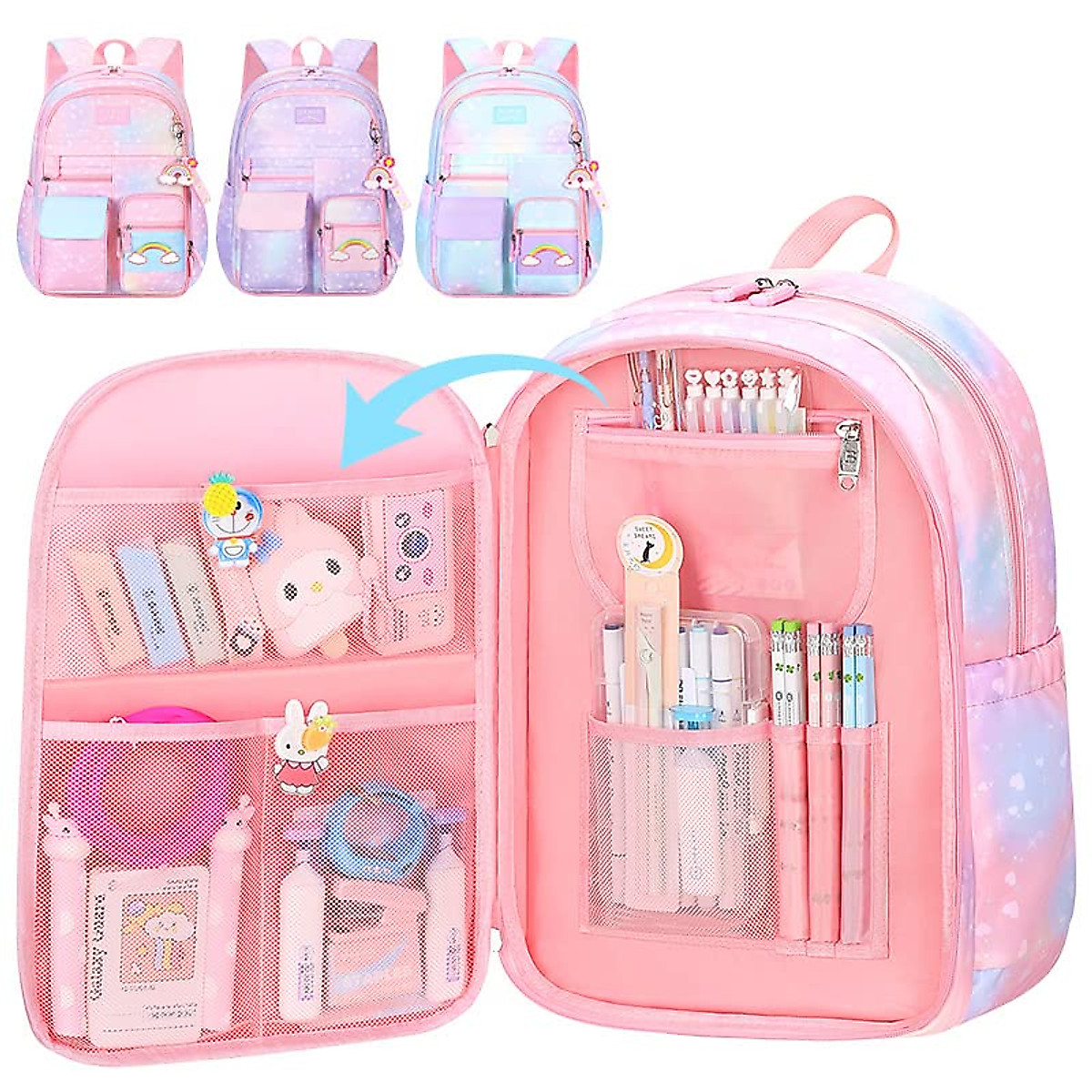 FMCEUEX Kawaii Backpack For Boy Girls, Rainbow Starry School Backpacks With Compartments Applicable to Laptop Bag Travel Bag Book Bag, Blue Medium 16.5in