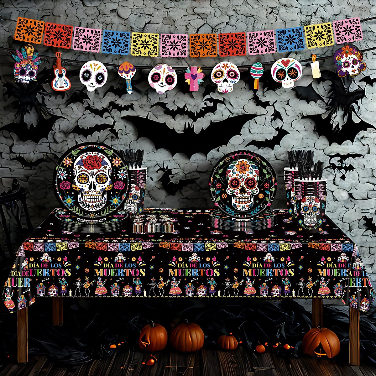 130 PCS Skull Party Supplies with Skeleton Paper Plates,Cake PlatesNapkins, Cups and Cutlery for Skull Birthday Party Decorations, Disposable Dinnerware Set (Serves 10)