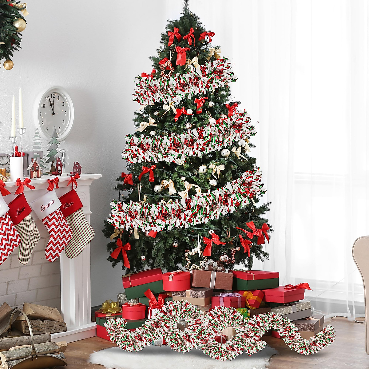 Sggvecsy 49.2Ft Christmas Green Red White Tinsel Garland Xmas Tree Decorations Christmas Metallic Twist Garland Ceiling Hanging Decorations for New Year Party Birthday Holiday Indoor Outdoor Supplies