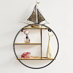 DEMSFIA Round Wall Floating Shelves, Circle Shelf 3 Tier Made from Metal and Bamboo, Decorative Wall Shelves, Super Easy Install, Black