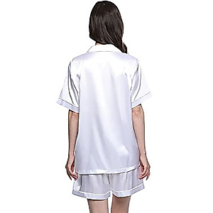 Beutyme Womens Silk Satin Pajamas Set Loungewear Two-Piece Button-Down Pj Sets Long Sleeve Sleepwear Soft Nightwear (Medium, White-1)