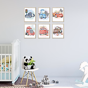 BigWig Prints Cars Poster Set - Cars Room Decor for Boys And Girls, Lightning Mcqueen Room Decor, Wall Art for Kids Bedroom, Sheriff Guido Lightning McQueen Mack Red Mater - 9 Pack (8x10”) Unframed