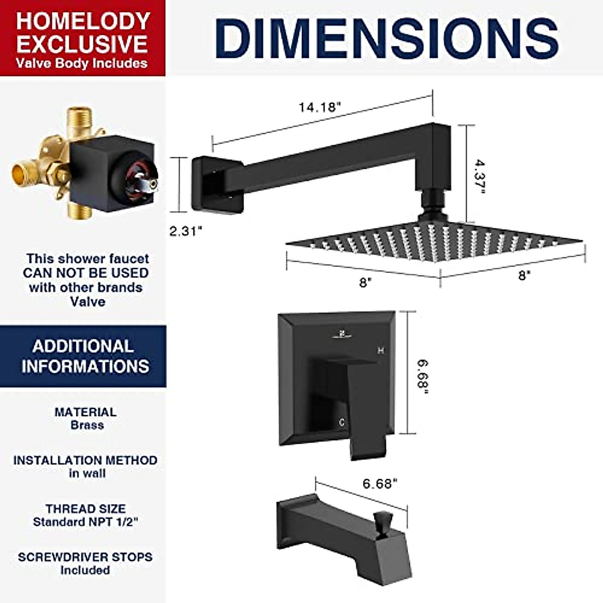 HOMELODY Black Shower Faucet Set Bathroom High Pressure Square Rain Shower Head and Handle Set,Wall Mounted Luxury Rainfall Shower Complete Combo Set,Shower Fixtures (Contain Shower Valve)