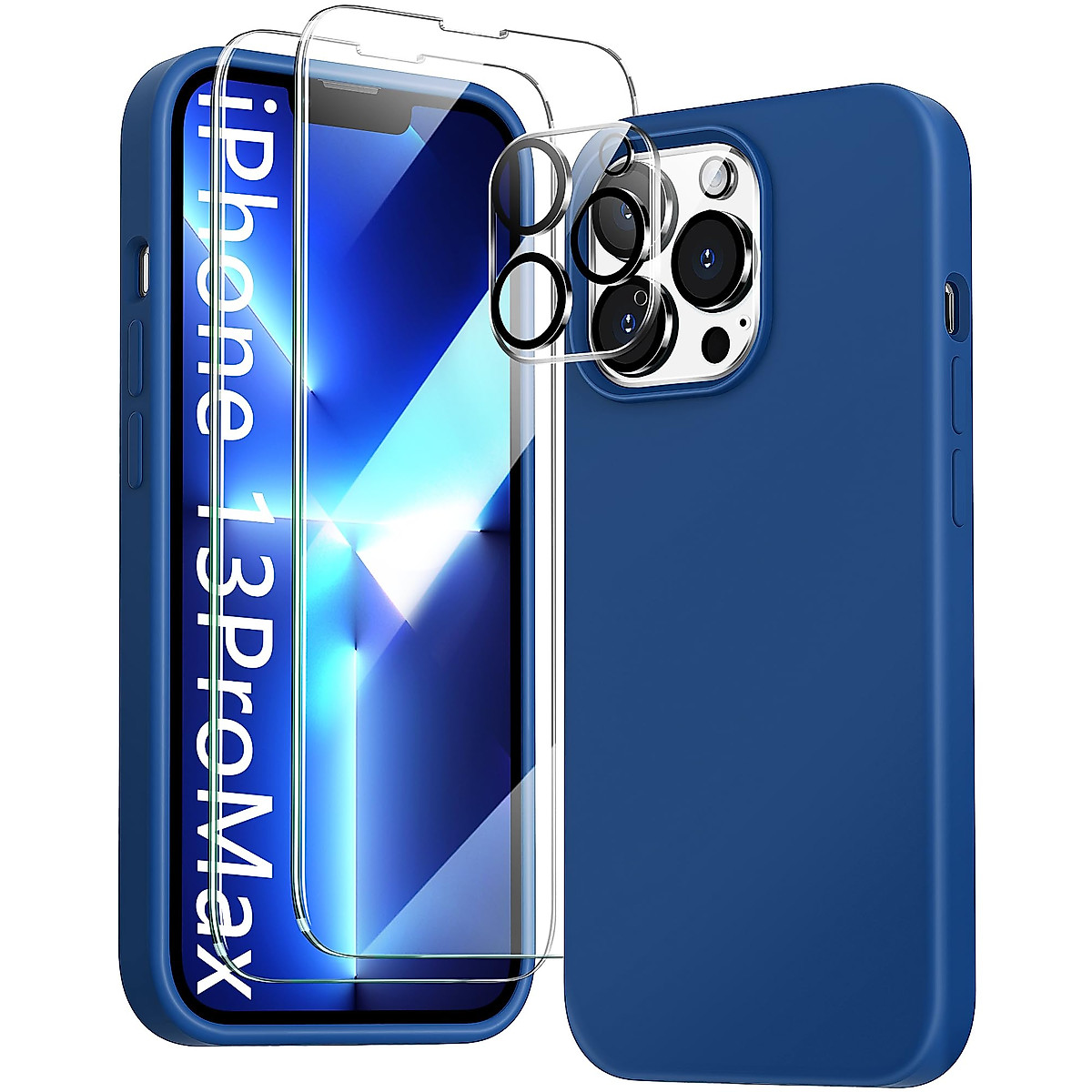 JTWIE [5 in 1 for iPhone 13 Pro Max Case, with Screen Protector and Camera Lens Protector, [Microfiber Lining] Slim Silicone Protective Phone Case(Navy Blue)…
