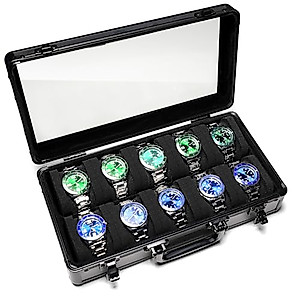 RIGICASE 10 slots Aluminum watch case for men, Luxury watch display storage organizer box with clear window, matt black metal watch cabinet fit watches up to 55mm face