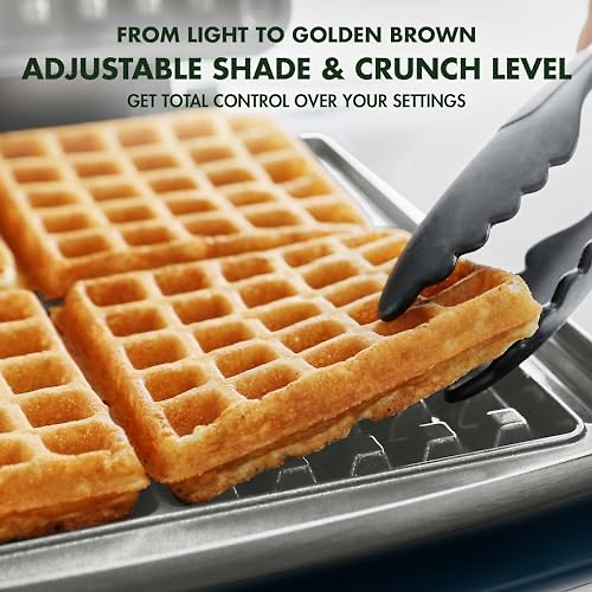 GreenPan Elite 4-Square Belgian & Classic Waffle Iron, Healthy Ceramic Nonstick Aluminum Dishwasher Safe Plate, Adjustable Shade/Crunch Control Wont Overflow Easy Clean,Breakfast,PFAS-Free,Oxford Blue