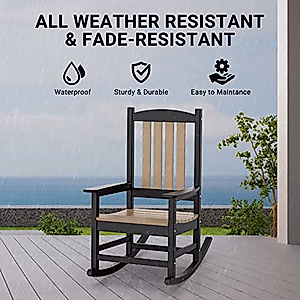 OTSUN Outdoor Rocking Chair, Patio Rocker Chair with High Back, All Weather Resistant Fade-Resistant Front Porch Rocking Chair, Stable Smooth Wood Rocker for Balcony, Yard (Black & Brown)