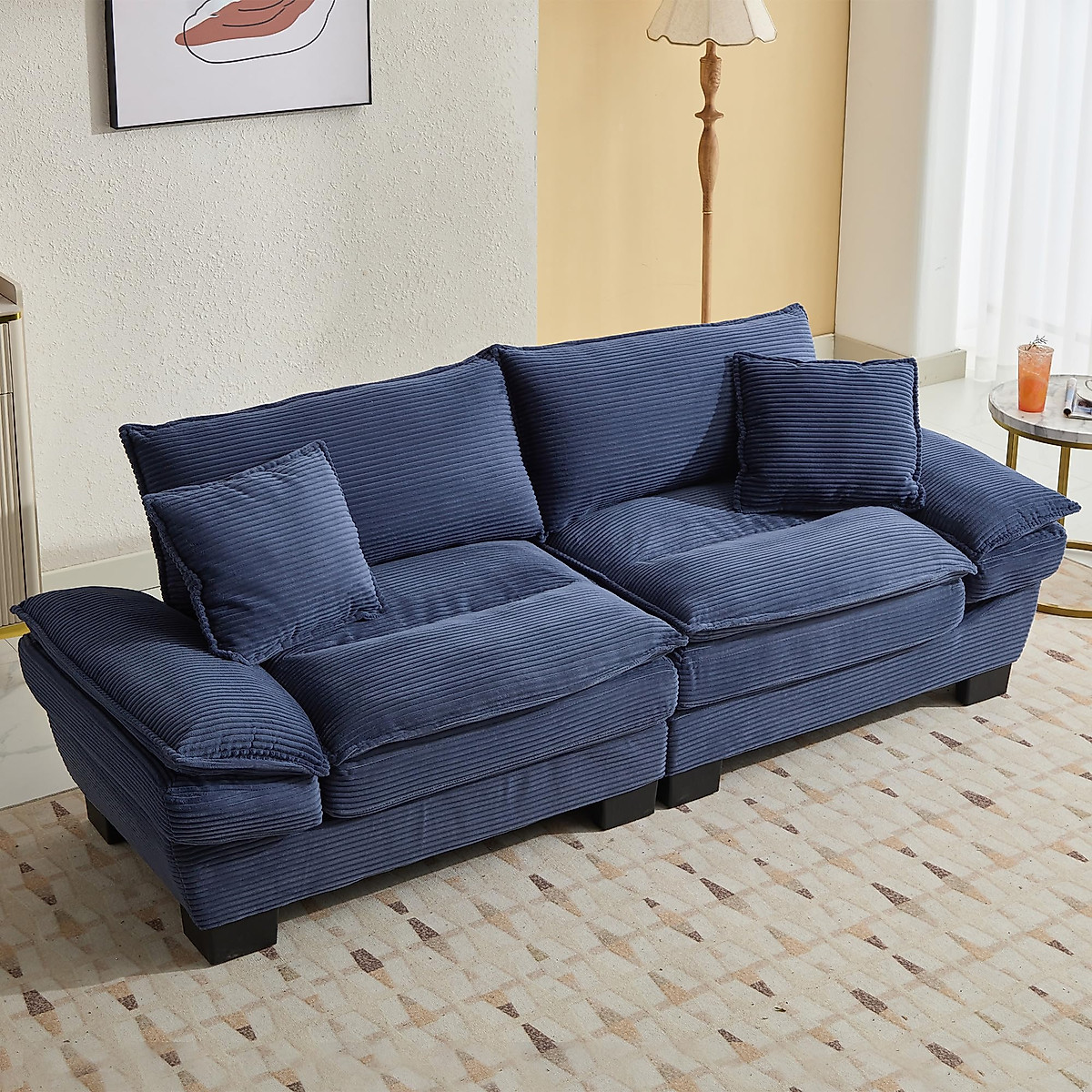 Anwick Loveseat Sofa 84" Deep Seat Corduroy Couch, Upholstered 2 Seater Sofa with Pillows, Modern Comfy Sofas for Living Room Bedroom Apartment (Blue)