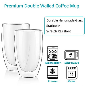 Bivvclaz Double Walled Glass Coffee Mugs, 2-Pack 15 Oz Borosilicate Glass Coffee Cups, Thermo Insulated Glass for Latte Cappuccino Americano Tea milk Beverage, Clear