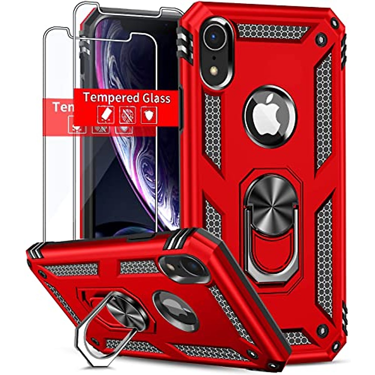 SunStory Compatible for iPhone XR Case with Tempered Glass Screen Protector,iPhone XR Phone Case with Magnetic Ring Kickstand for iPhone XR 2018 (Red, iPhone XR)