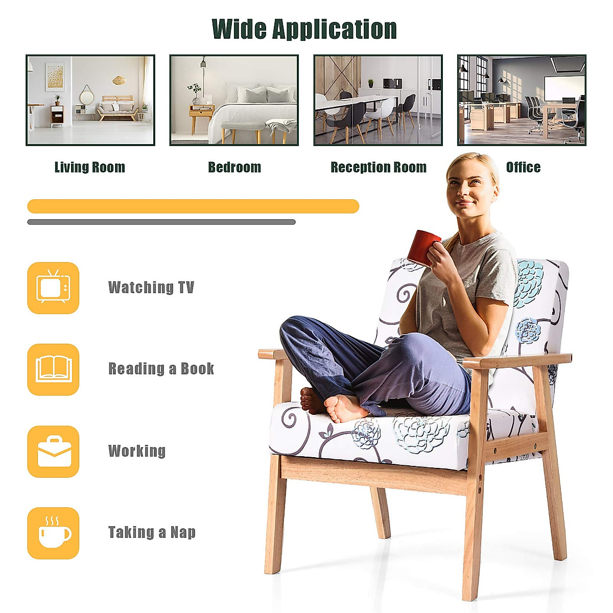 POWERSTONE Modern Accent Chair - Set of 2 Fabric Accent Arm Chair Upholstered Single Sofa with Wooden Legs for Living Room, Dinning Room, Club and Office, White