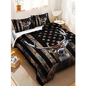 HOSIMA Deer Hunting Bedding Sets,Deer and American Flag Duvet Cover for Hunter Bedroom Decor with 2 Pillowcases Camouflage Bedding Sets for Adult Teen boy Bedding.