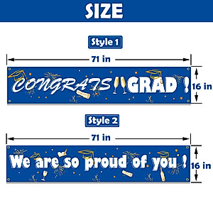 Graduation Banner 2 Pack, Blue Congrats Grad Banner & We are So Proud of You Graduation Backdrop, 71" x 16" Graduation Party Supplies 2022 Congrats Grad Decorations for Yard, Outdoors & Indoors