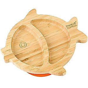 Bamboo Baby Plate with Suction - Kids and Toddler Suction Cup Plate for Babies, Non-toxic All-Natural Bamboo Baby Food Plate Stays Cool to the Touch for Baby-Led Weaning (Fish-Orange)