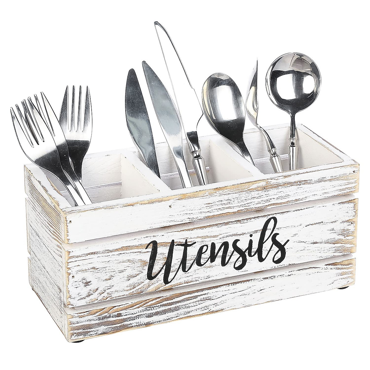 MyGift White Washed Solid Wood Farmhouse Kitchen Utensil Holder for Countertop with 3 Compartments and Stenciled UTENSILS Design, Flatware Organizer Holder