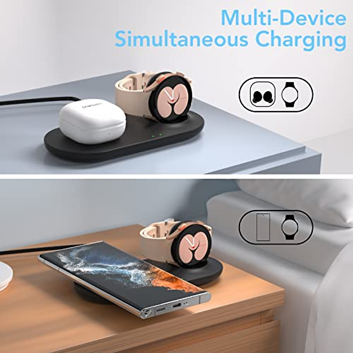 Wireless Charging Station, Dual Wireless Charger for Samsung Galaxy Watch 4/3 Active2/1,Fast Wireless Charging Pad for Samsung Galaxy Z Flip4/3 Fold 4/3 S22/Ultra/+/S21/Note 20/10 Buds2 Pro(Adapter)