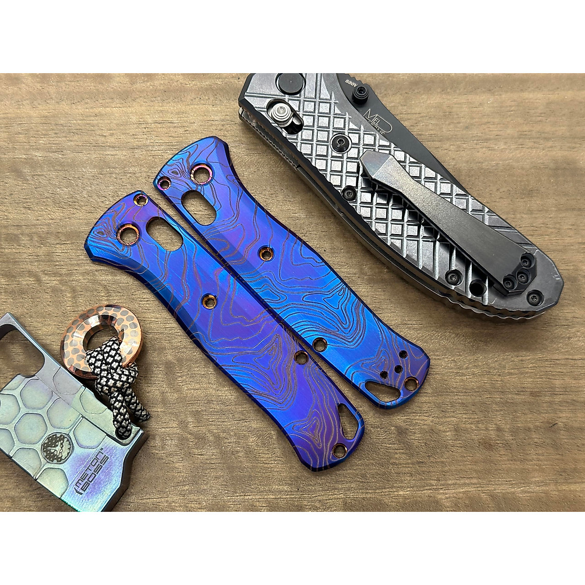 Flamed TOPO engraved Titanium Scales for Benchmade Bugout 535