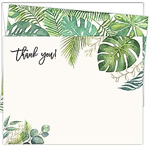 Koko Paper Co Tropical Palm Leaves Thank You Cards | 25 Flat Note Cards and Envelopes | Printed on Heavy Card Stock.