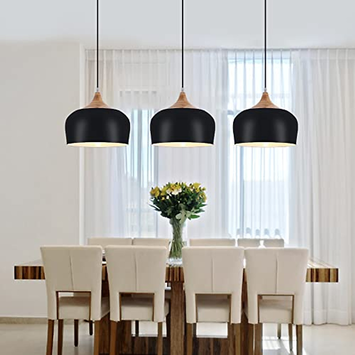 POLITAMP Modern Pendant Lights,Wooden Dome Pendant Light Fixture,Adjustable Hanging Pendant Lighting Chandelier Lamp for Kitchen Island,Dining Room,Hallway,Foyer,Bedroom(Black)