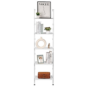 ELYKEN Ladder Shelf, White 5-Tier Wood Wall Mounted Bookshelf with Metal Frame, Modern Open Display Organizer Rack, Leaning Storage Shelves for Living Room, Bedroom, Home Office