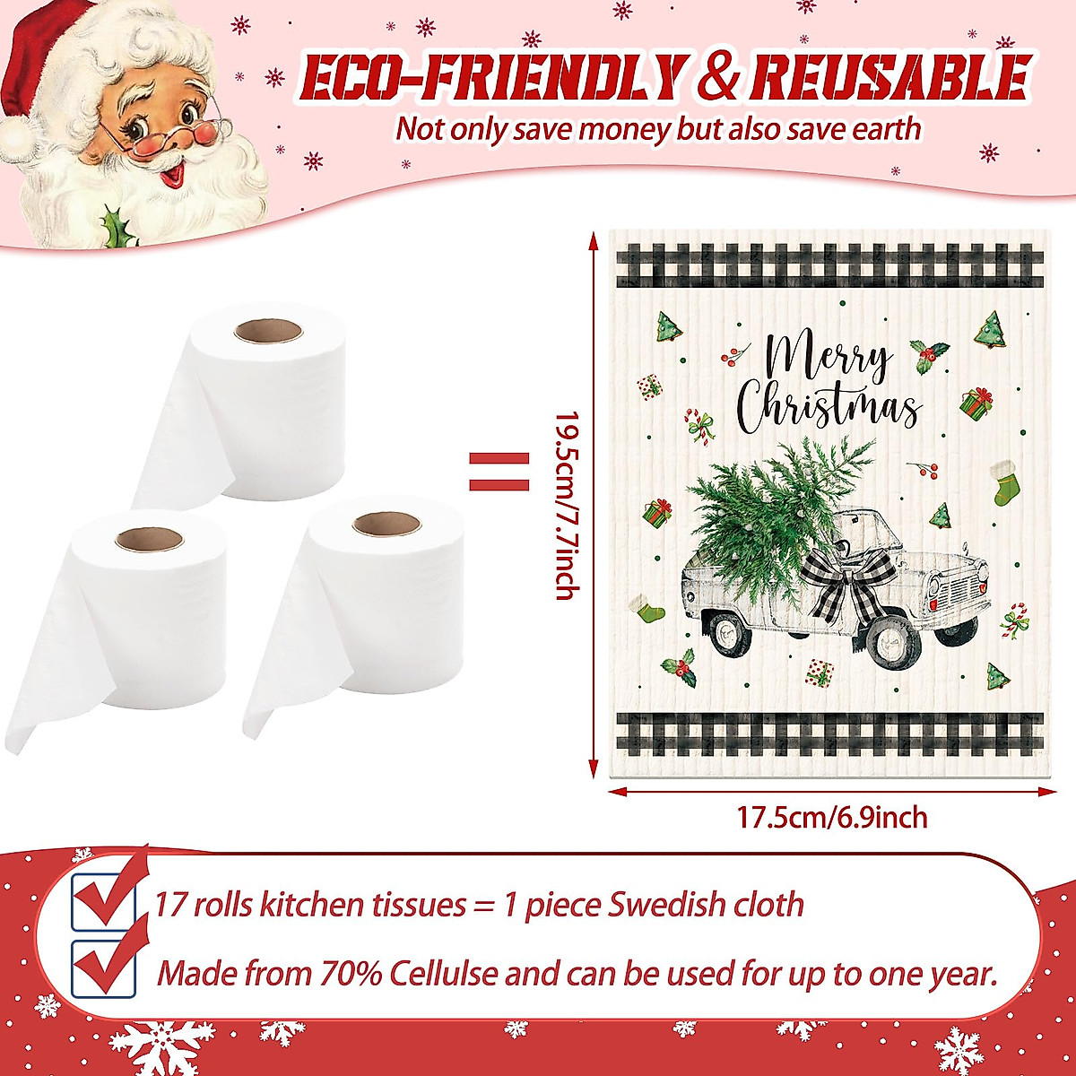 6 Pieces Christmas Swedish Kitchen Table Dishcloths Reusable Christmas Dish Towels Absorbent Cleaning Cloth Fast Dry Kitchen Dishcloth with Santa, Snowman, Christmas Tree, Deer (Black White, Tree)