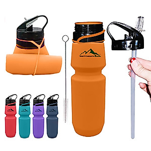 Collapsible Water Bottles (25 Oz) - Leakproof Foldable Water Bottle w/ Foldable Straw & Cleaner - BPA Free Lightweight Water Bottles - Ideal Sports Water Bottle for Camping, Traveling & More (Orange)