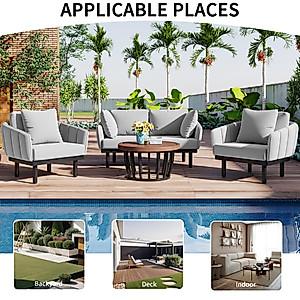 Merax 4-Piece Outdoor Patio Furniture Set with Acacia Wood Round Conversation Coffee Table, Comfy Loveseat and 2 Armchairs, Outside Sectional Sofa & Solid Iron Frame for Backyard, Poolside, Gray