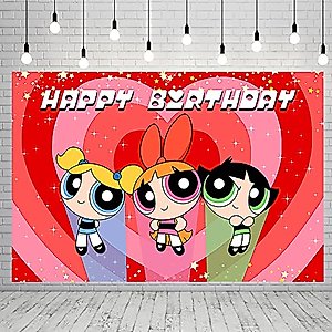 Cartoon Girls Backdrop for Party Supplies 5x3ft Powerpuff Girl Birthday Banner Baby Shower Photo Background for Kids Party Decorations Superhero Girl Photography Backdrop