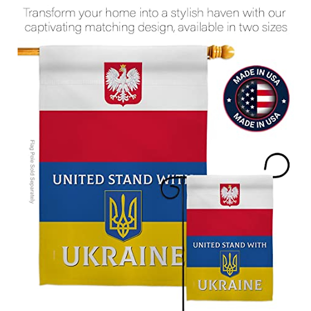 Ukraine Flag Poland Stand with Ukraine House Flag Dowel Set Support Cause Ukrainian Decoration Banner Small Garden Yard Gift Double-Sided, Made in USA