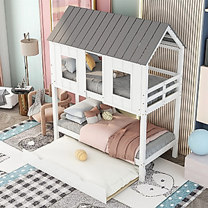 House Bunk Beds Twin Over Twin with Trundle,Kids Bunk Beds with Roof and Windows, Wood Twin Bunk Beds for Girls, Boys,White