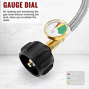 Welltop Propane Refill Adapter Hose, Upgraded Stainless Braided 36" QCC1 Type Inlet Extension Propane Refill Hose with Gauge Shutoff Valve for 1 LB Propane Gas Tank 350PSI High Pressure Camping Grill