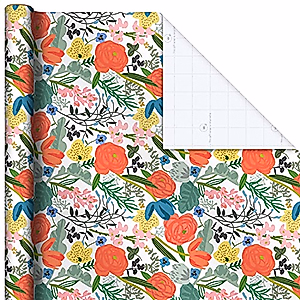 Hallmark Recycled Wrapping Paper with Cutlines on Reverse (3 Rolls: 60 Sq. Ft. Ttl) Modern Flowers, Teal Leaves, Black and White Abstract for Birthdays, Bridal Showers, Easter, Mother's Day