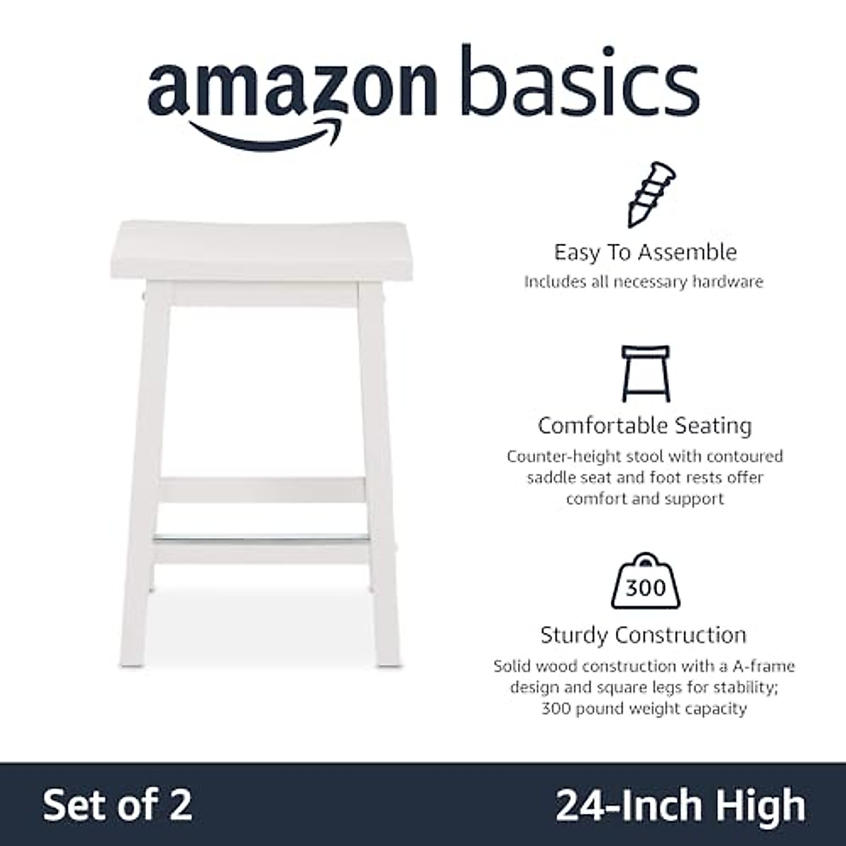 Amazon Basics Solid Wood Saddle-Seat Counter Height Kitchen Island Barstool, 24-Inch Height, White - Set of 2