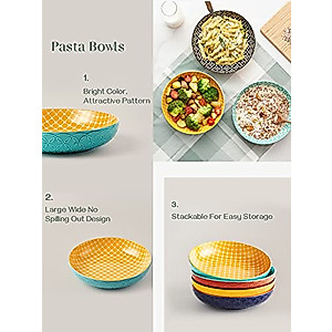 DOWAN Vibrant Pasta Bowls, 8.5'' Large Salad Bowls, 34 Oz Porcelain Pasta Serving Bowl Set of 4, Bowls for Pasta, Salad, Soup, Oatmeal, Mix-match Pattern, Ideal Housewarming Gift