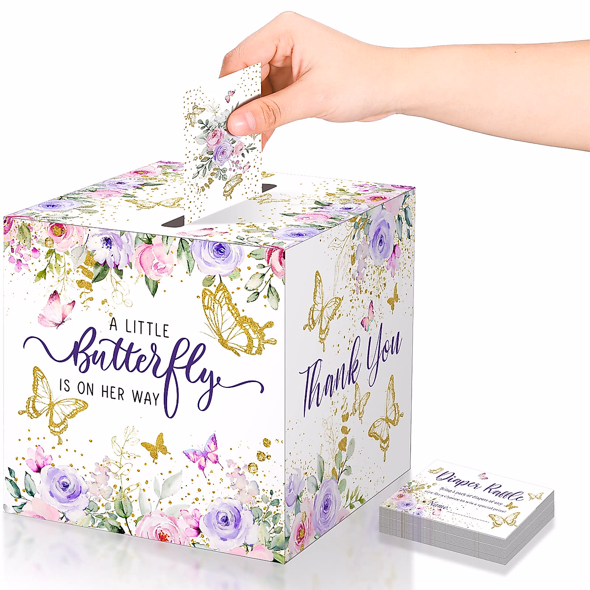 51 Pcs Butterfly Diaper Raffle Tickets with Diaper Raffle Card Box for Baby Shower Games A Little Butterfly is on Her Way Cards Boys Girls Gender Reveal Party Invitation Insert Card Game