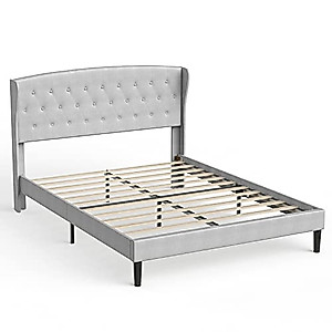 BONSOIR Queen Size Bed Frame Upholstered Traditional Low Profile Platform with Tufted Wing Back Headboard/No Box Spring Needed/No Bed Skirt Needed/Linen Fabric Upholstery/Light Grey (Queen Size)