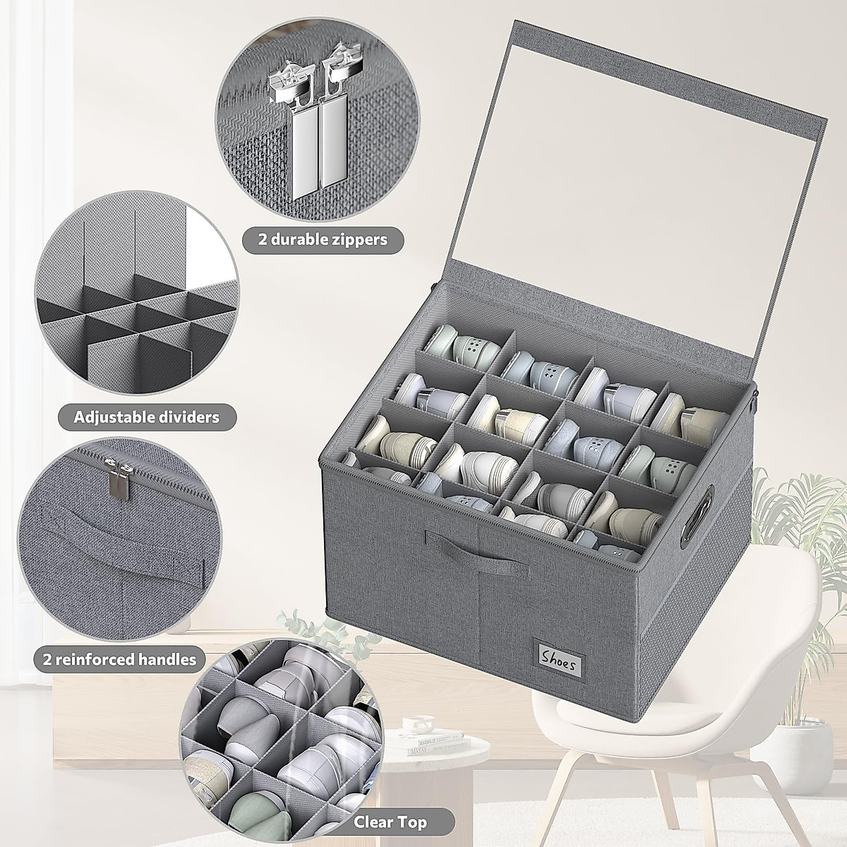 2 Pack Shoe Organizer for Closet Large Shoe Box Storage Containers with Clear Window Space Saving Shoe Bin with Foldable Bottom Support Adjustable Dividers Fits 32 Pairs (Grey, (19.7x15.7x13inch) x2)