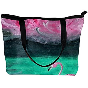 Women's Large Size Canvas Shoulder Bag Hobo Crossbody Handbag Casual Tote, Oil Painting Pink Cloud Flamingo